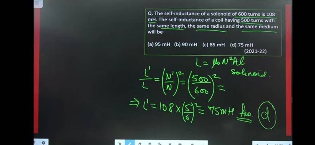 Q The Self Inductance Of A Solenoid Of 600 Turns Is 108 Mh The Self Ind
