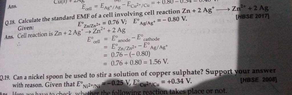 Q 18 Calculate The Standard Emf Of A Cell Involving Cell Reaction Zn 2ag