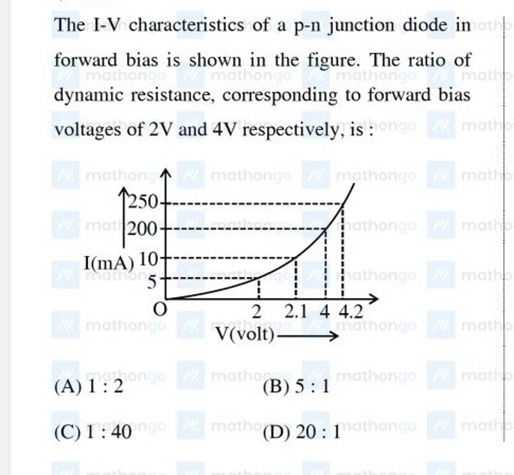 The I-V characteristics of a p-n junction diode in forward bias is shown