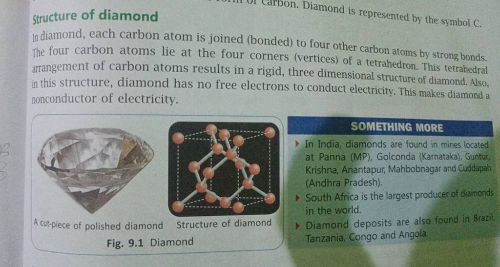 Structure of diamond In diamond, each carbon atom is joined (bonded) to f..