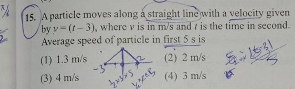 A particle moves along a straight line with a velocity given by v=(t−3),