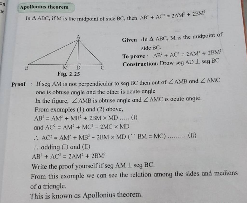 Apollonius theorem In ABC, if M is the midpoint of side BC, then AB2+AC2..