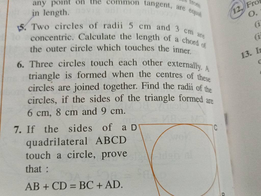 5. Two circles of radii 5 cm and 3 cm are concentric. Calculate the lengt..