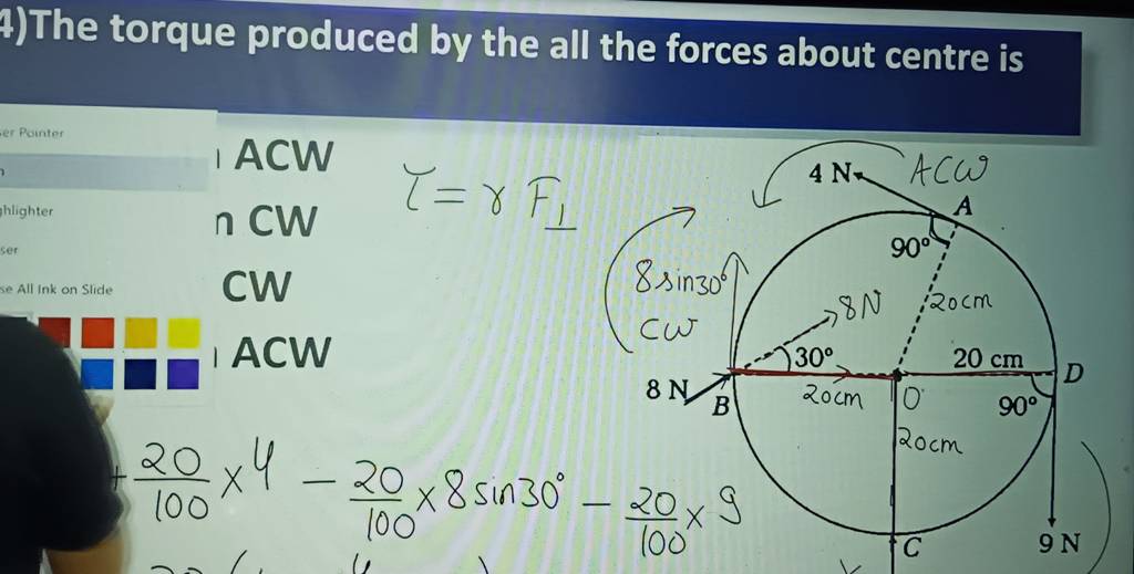 7)The torque produced by the all the forces about centre is | Filo
