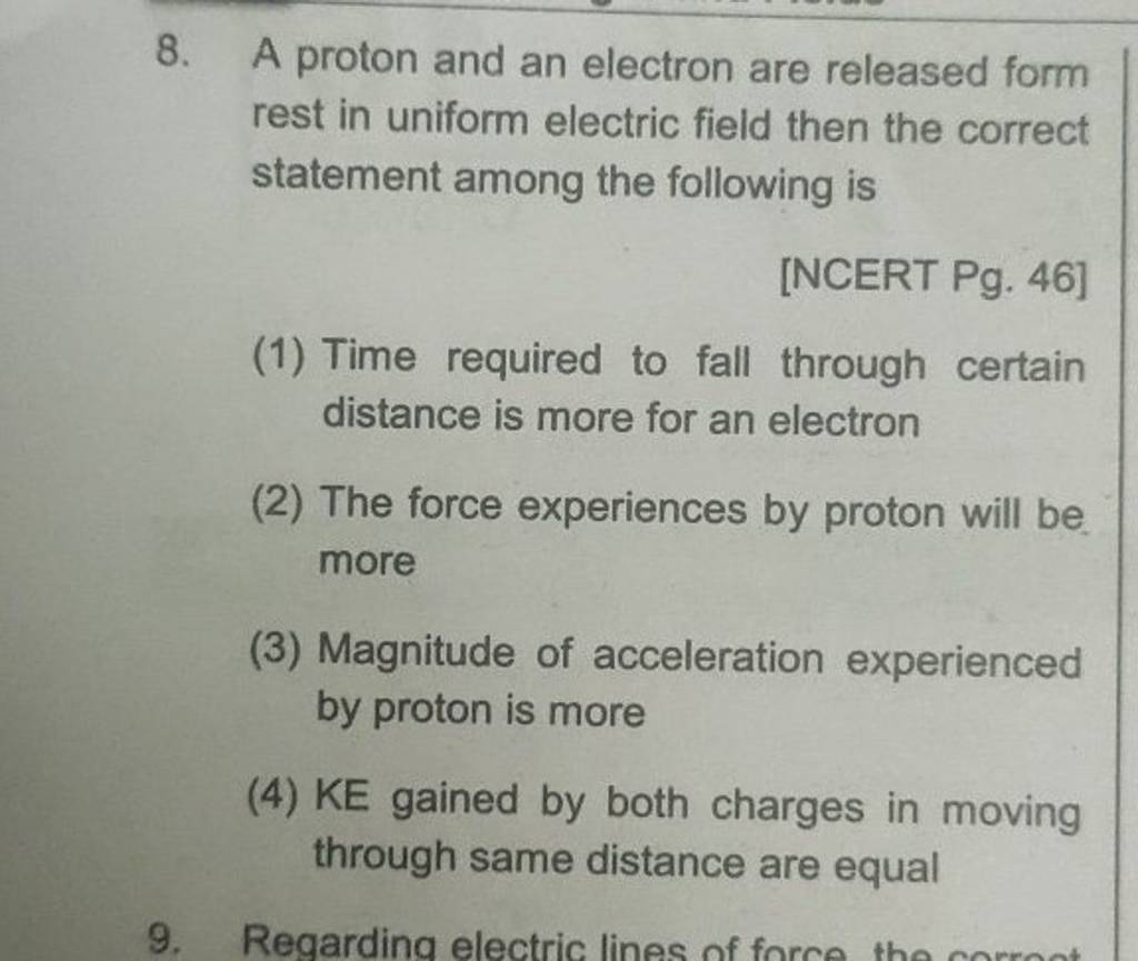 A Proton And An Electron Are Released Form Rest In Uniform Electric Field