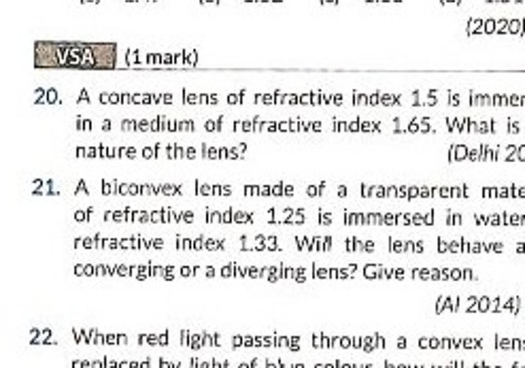 20. A concave lens of refractive index 1.5 is immer in a medium of refrac..