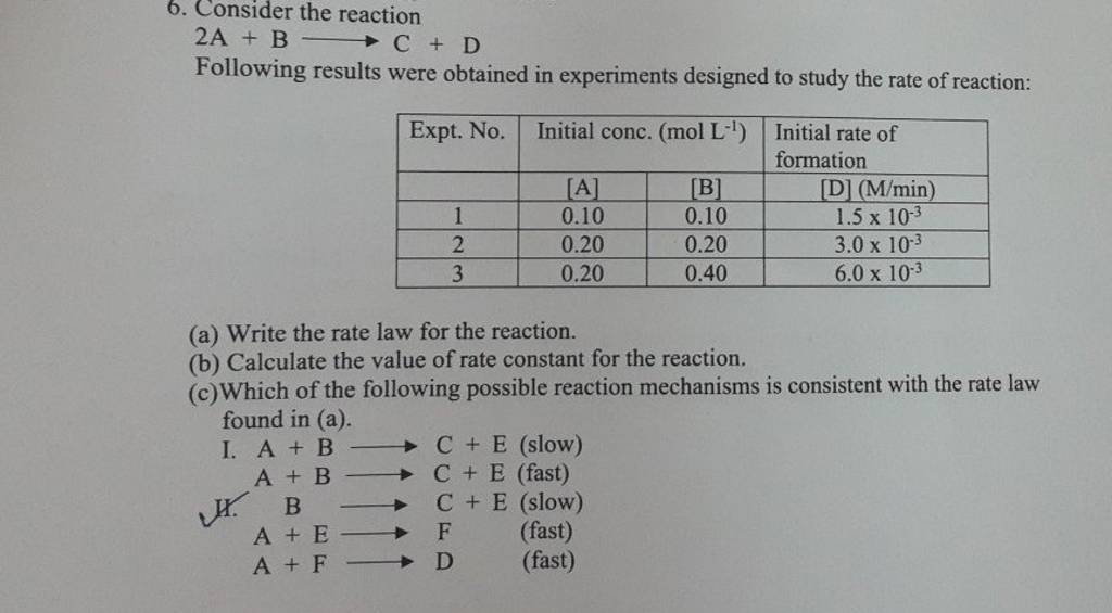 6. Consider the reaction 2 A+B C+D Following results were obtained in exp..