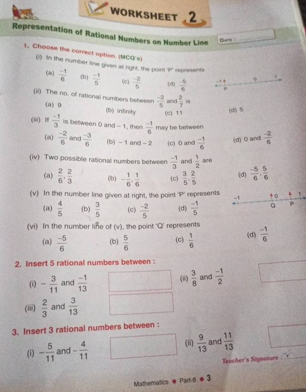 WORKSHEET 2 Representation of Rational Numbers on Number Line 1. Choose t.. WORKSHEET 2 Representation of Rational Numbers on Number Line 1. Choose t..