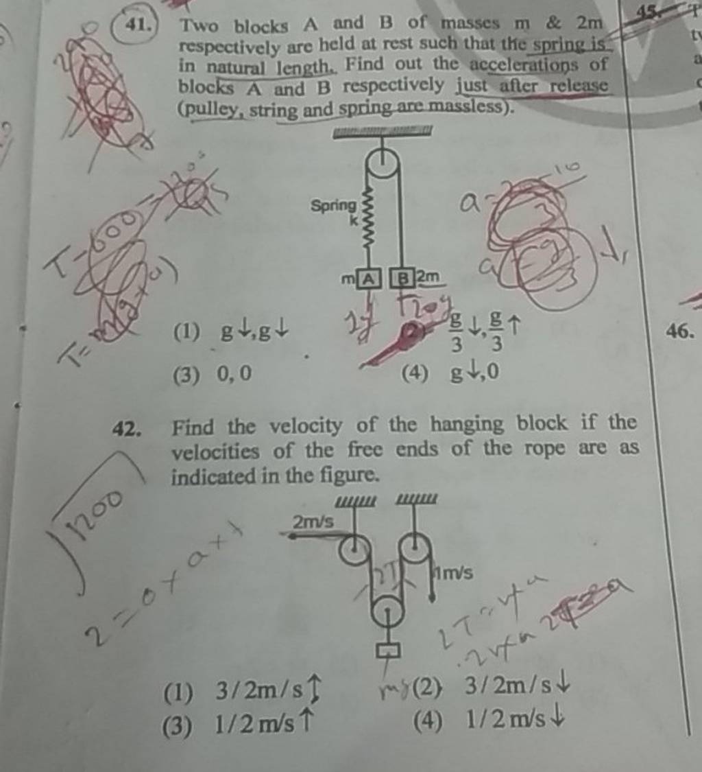 Two blocks A and B of masses m \& 2m respectively are held at rest such t..