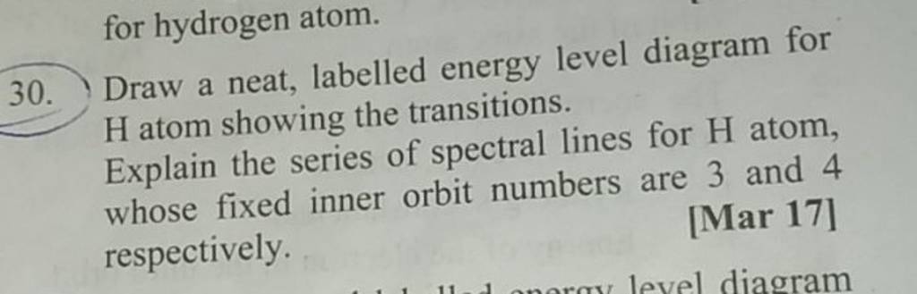 for hydrogen atom. 30. Draw a neat, labelled energy level diagram for H a..