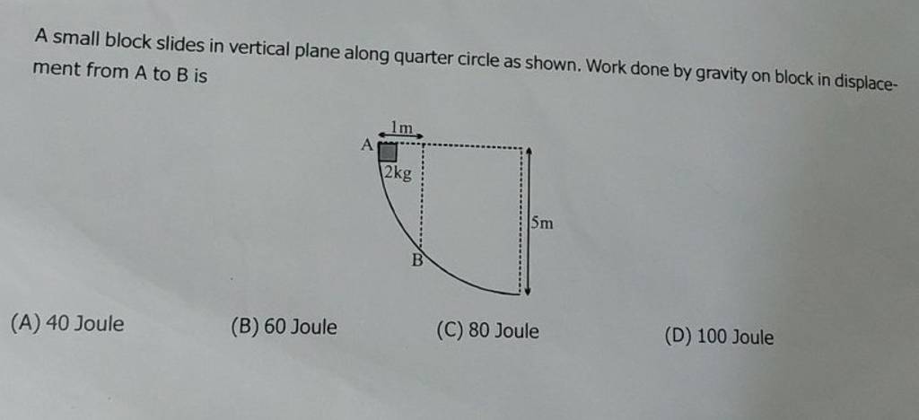 A small block slides in vertical plane along quarter circle as shown. Wor..