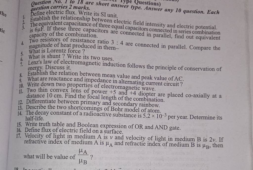 Question No. 1 to 18 are short answer type. Answer any 10 question. Each