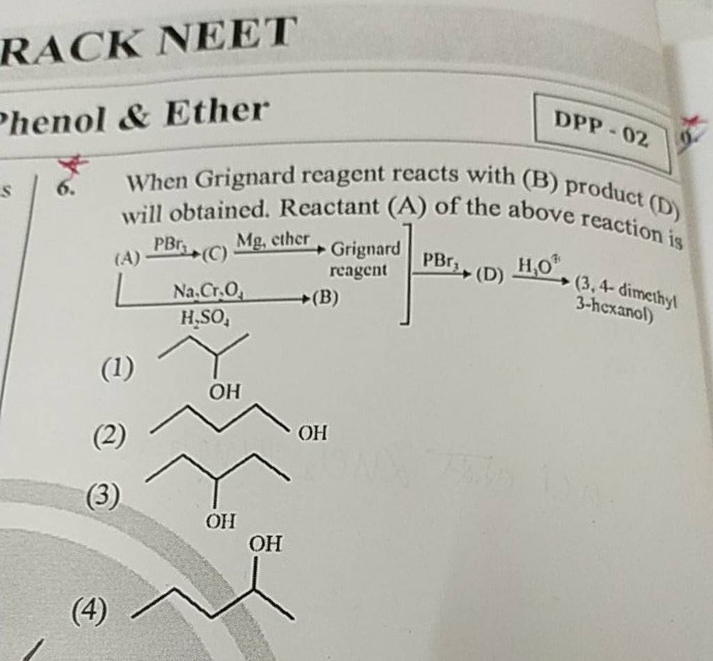 RACK NEET henol \& Ether 6. When Grignard reagent reacts with (B) product..
