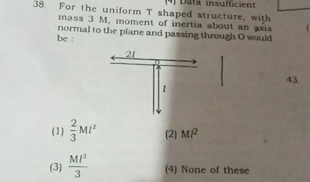 For the uniform T shaped structure, with mass 3M, moment of inertia about..