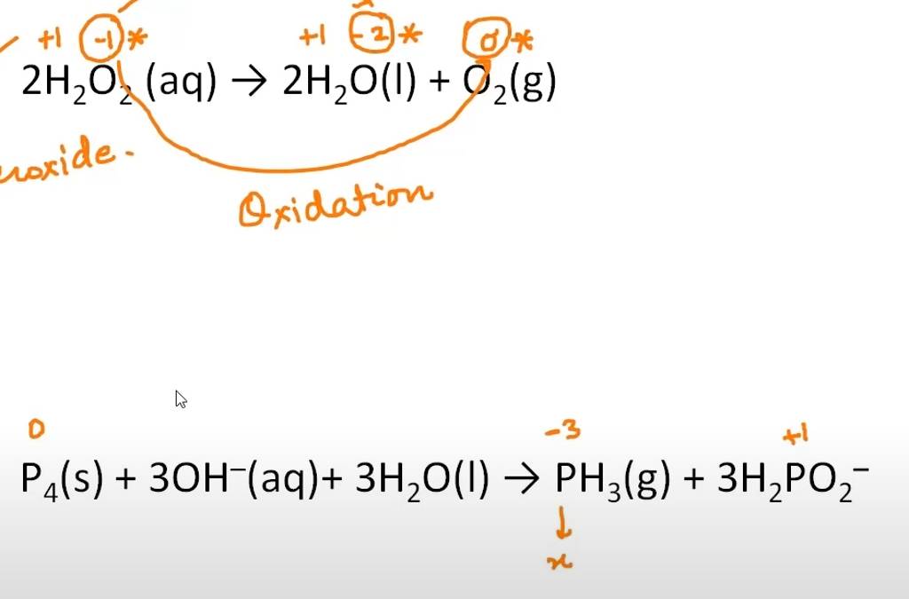 2H2 O2 (aq)→2H2 O(l)+O2 ( g) Qxidation P4 ( s)+3OH−(aq)+3H2 O(l)→xPH3