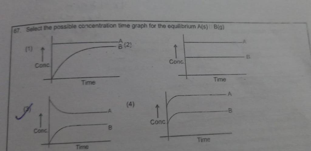 67. Select the possible concentration time graph for the equilibrium A(s)..