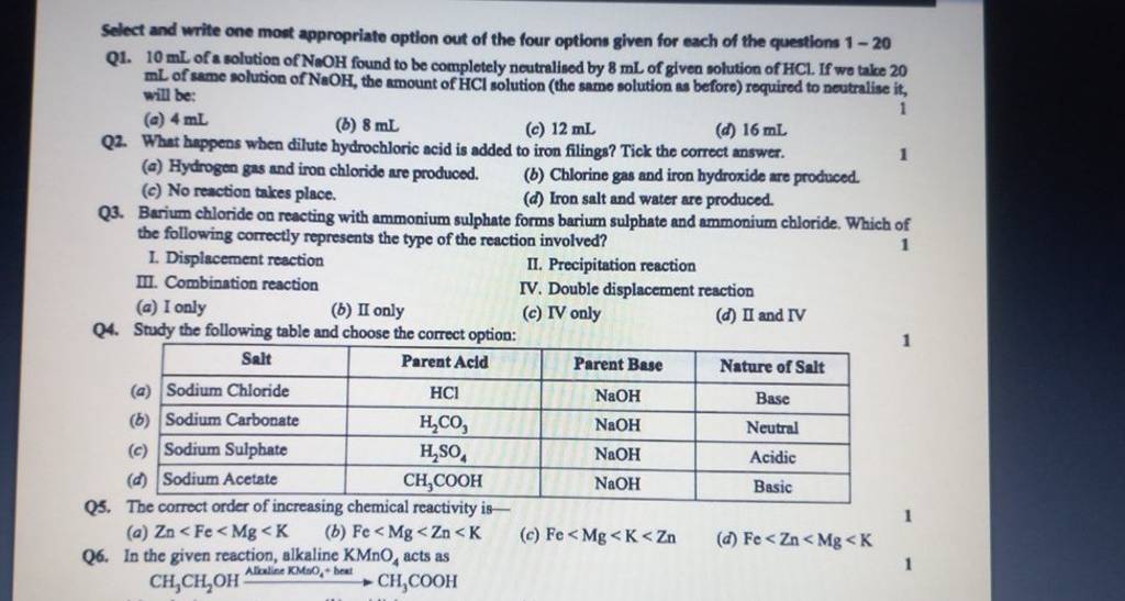 Q4. Study the following table and choose the correct option: 1 \begin{tab..