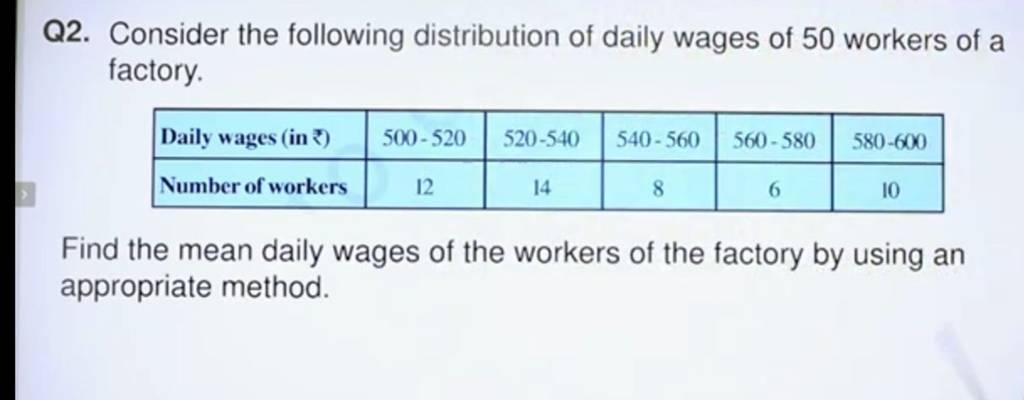 Q2. Consider the following distribution of daily wages of 50 workers of a..