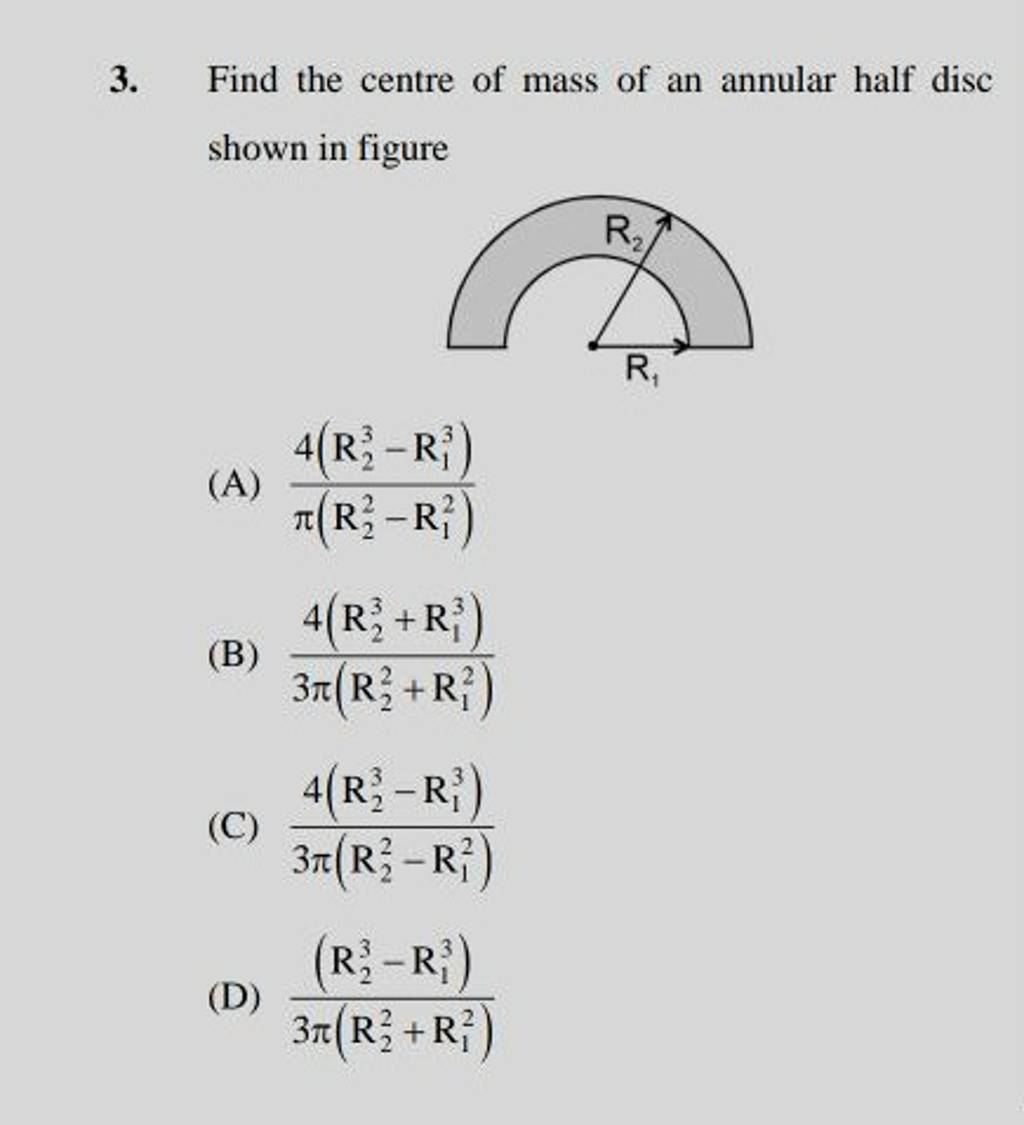 Find the centre of mass of an annular half disc shown in figure | Filo