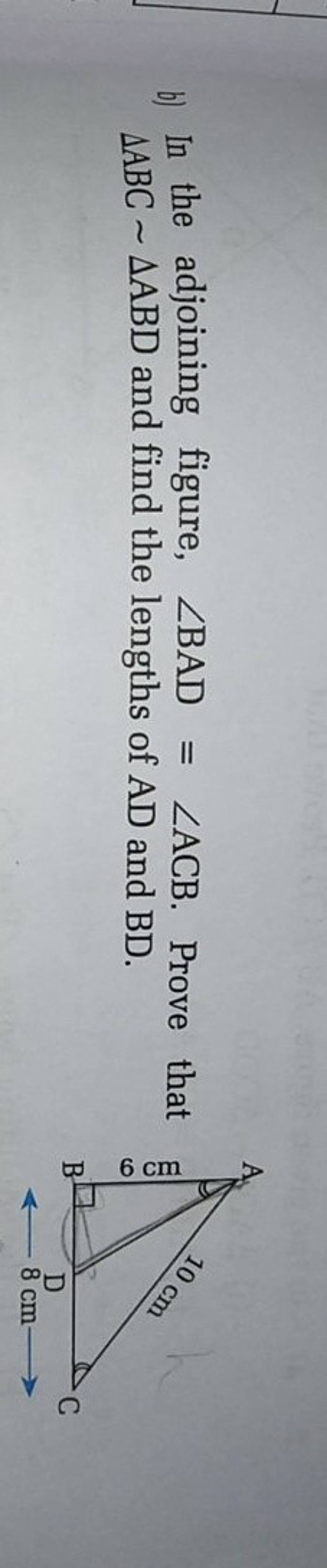 b) In the adjoining figure, ∠BAD=∠ACB. Prove that ABC∼ ABD and find the