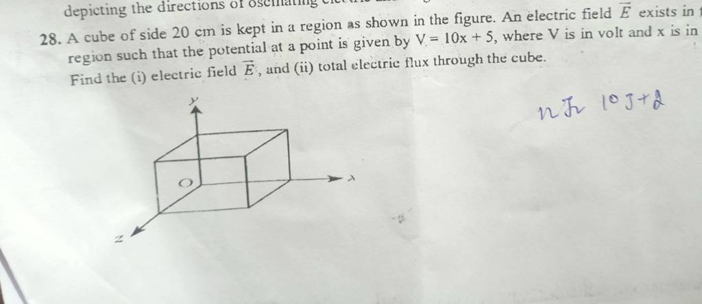 28. A cube of side 20 cm is kept in a region as shown in the figure. An e..