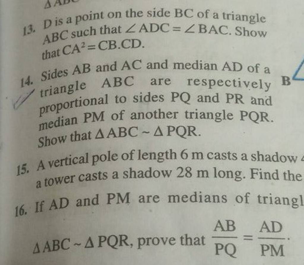 13. D is a point on the side BC of a triangle ABC such that ∠ADC=∠BAC. Sh..