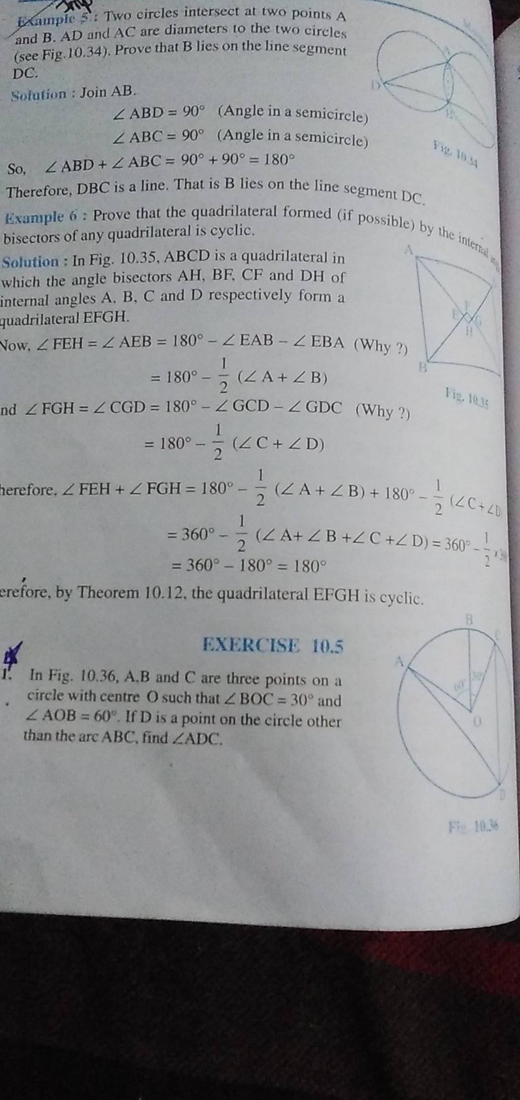 Example 5.: Two circles intersect at two points A and B.AD and AC are dia..