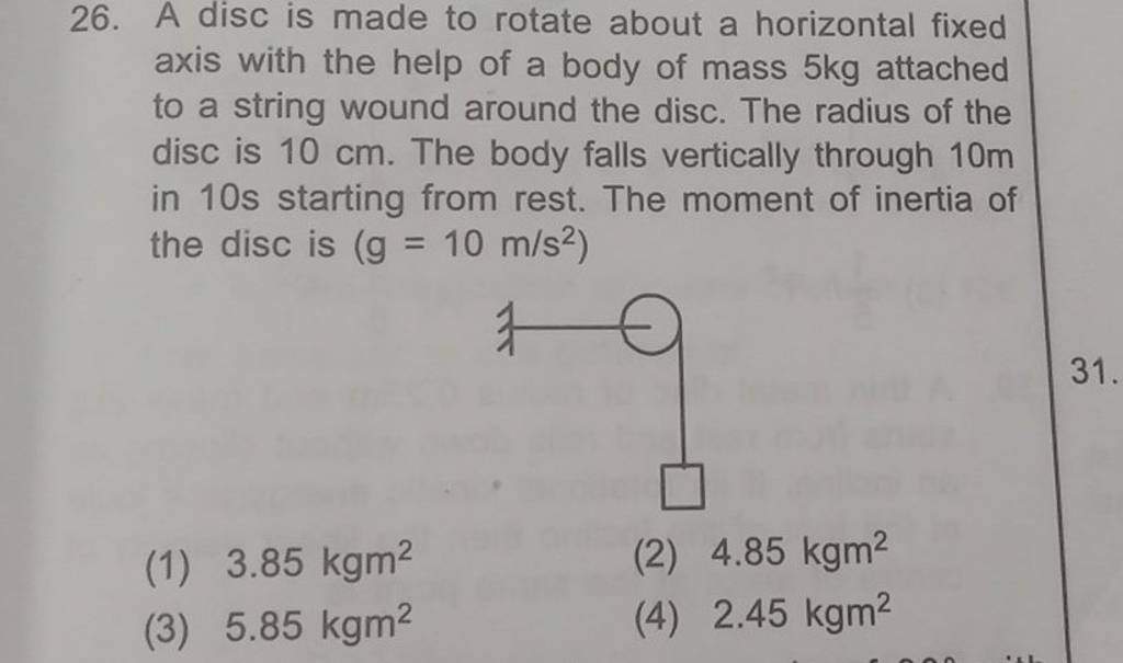 A disc is made to rotate about a horizontal fixed axis with the help of a..