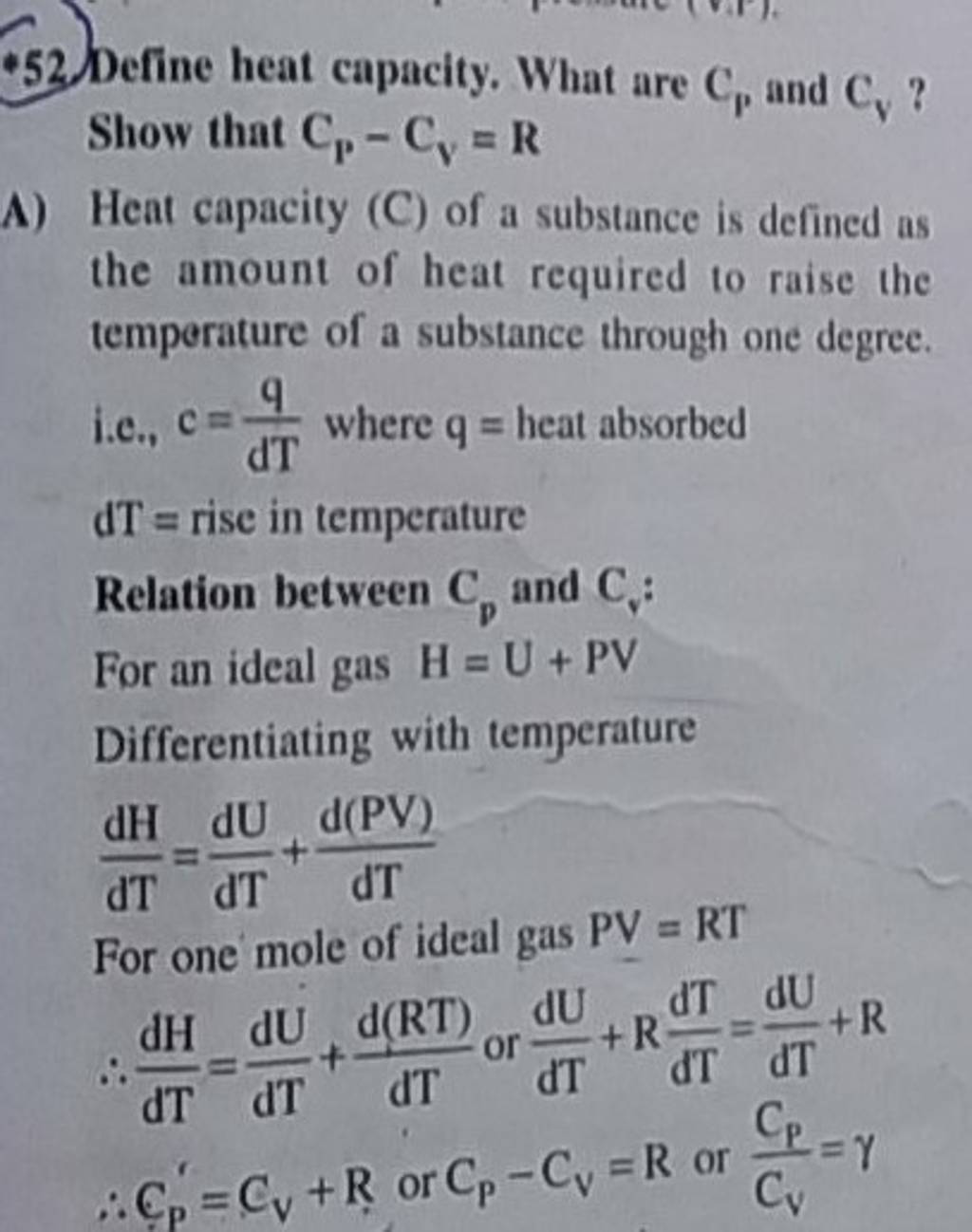 452 Define Heat Capacity What Are Cp And CV Show That Cp Cv R A 452 Define Heat Capacity What Are Cp And CV Show That Cp Cv R A