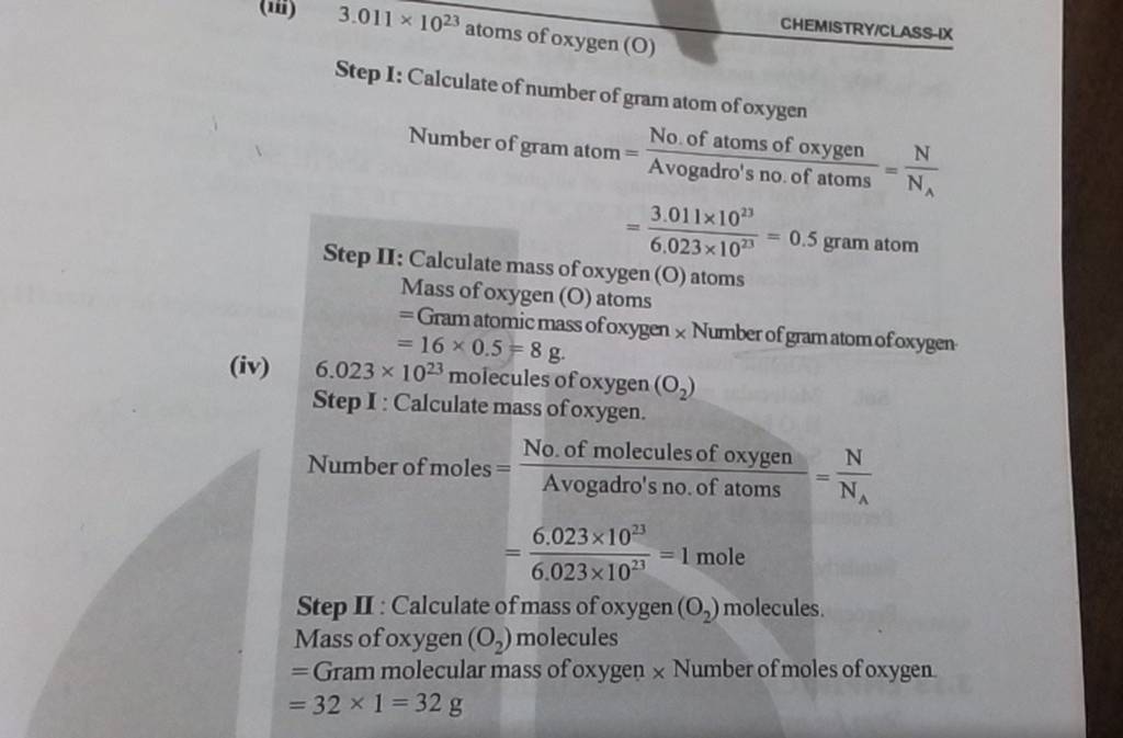 CHEMISTRYICLASS-IX Step I: Calculate of number of gram atom of oxygen Nu..