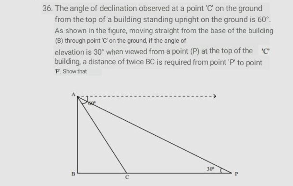 36. The angle of declination observed at a point ' C ' on the ground from..