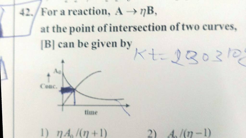 42. For a reaction, A→ηB, at the point of intersection of two curves, [B]..