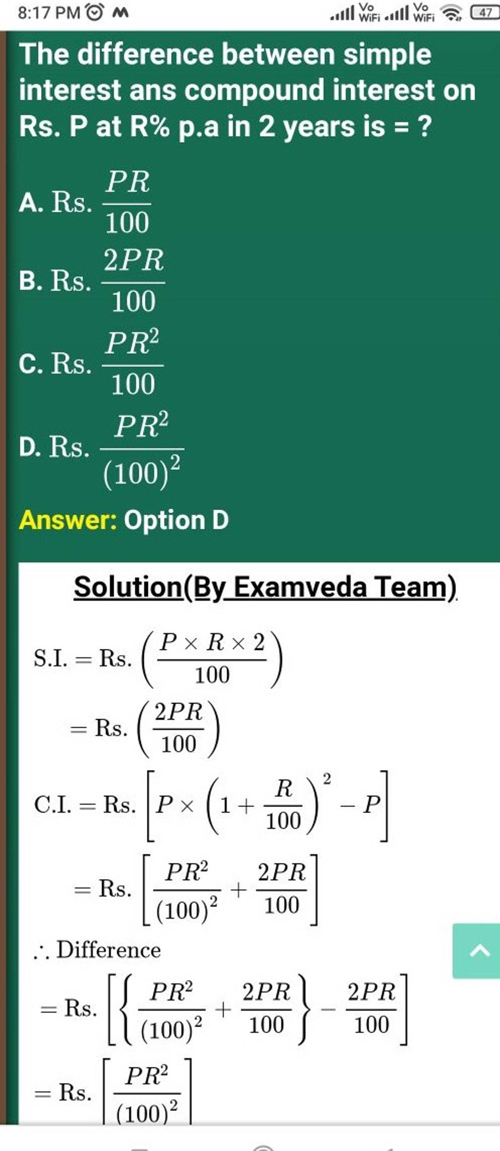 The difference between simple interest ans compound interest on Rs. P at