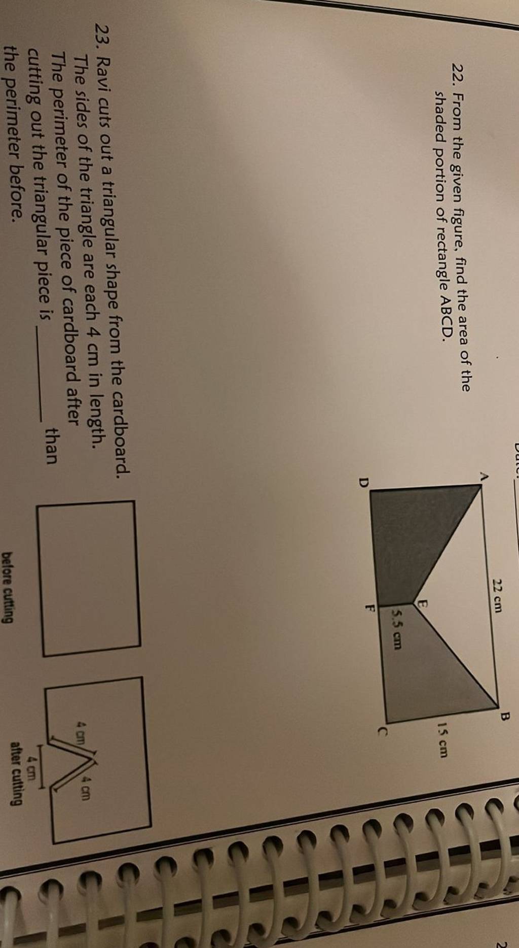 22. From the given figure, find the area of the shaded portion of rectang..