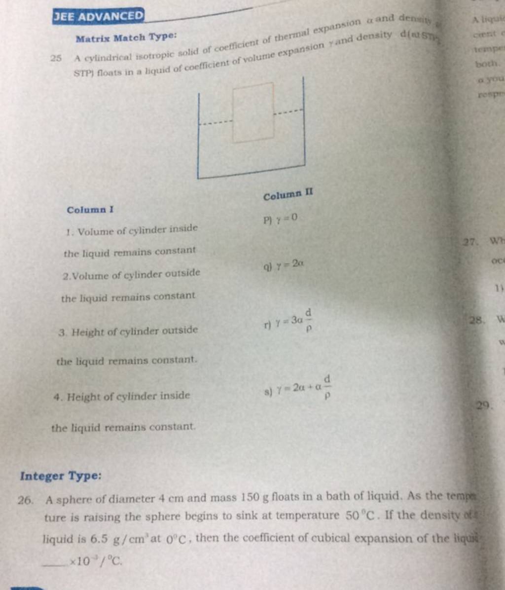 JEE ADVANCED Matrix Match Type: 25 A cylindrical isotropic solid of coeff..