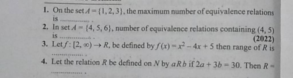 1. On the set A={1,2,3}, the maximum number of equivalence relations is 2..