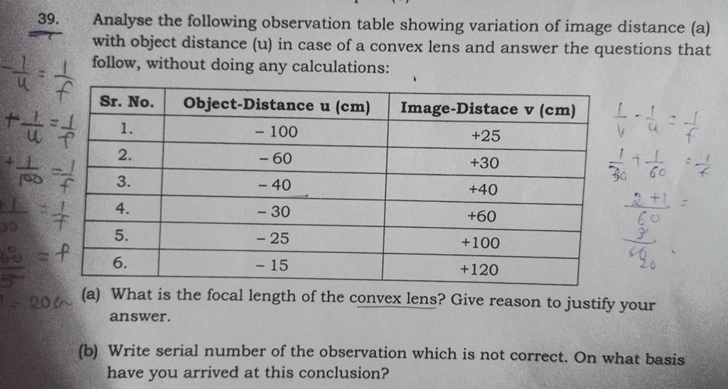 39. Analyse the following observation table showing variation of image di.. 39. Analyse the following observation table showing variation of image di..