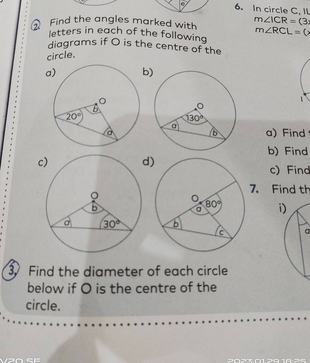 (2. Find the angles marked with letters in each of the following diagrams..
