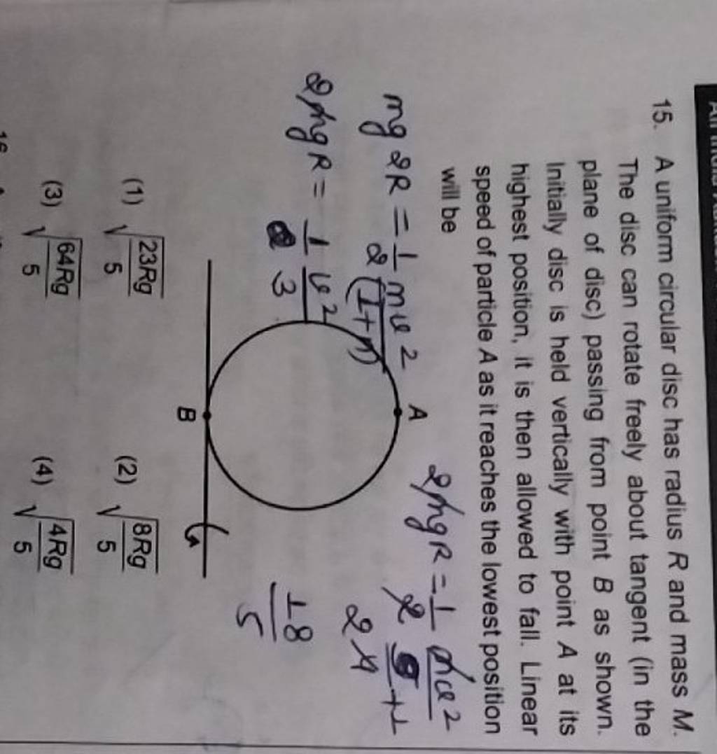 15. A uniform circular disc has radius R and mass M. The disc can rotate 15. A uniform circular disc has radius R and mass M. The disc can rotate