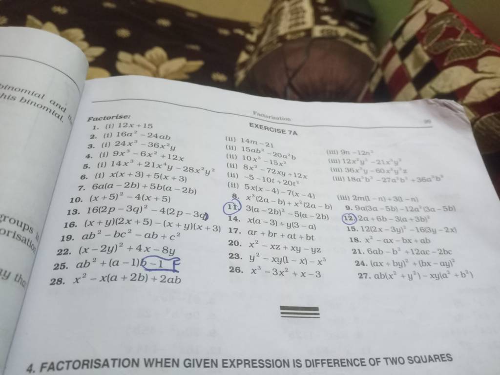 6a(a−2b)+5b(a−2b) 10. (x+5)2−4(x+5) 13. 16(2p−3q)2−4(2p−3q) (ii) 14m−21