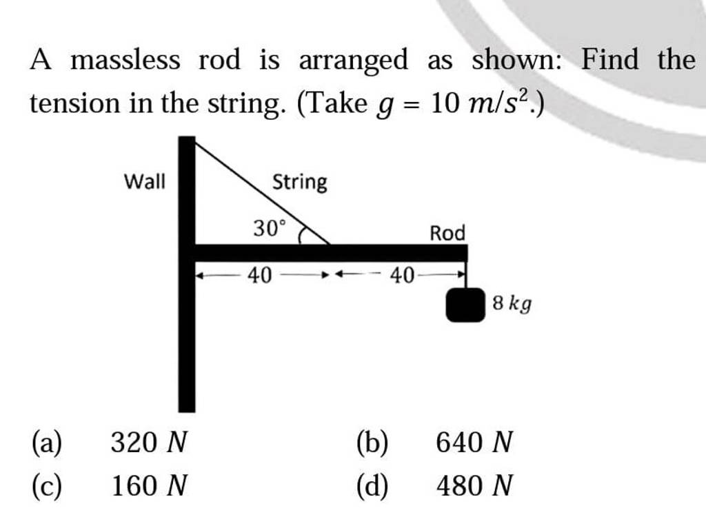 A massless rod is arranged as shown: Find the tension in the string. (Tak..