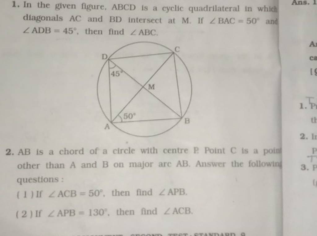 1. In the given figure, ABCD is a cyclic quadrilateral in which diagonals..