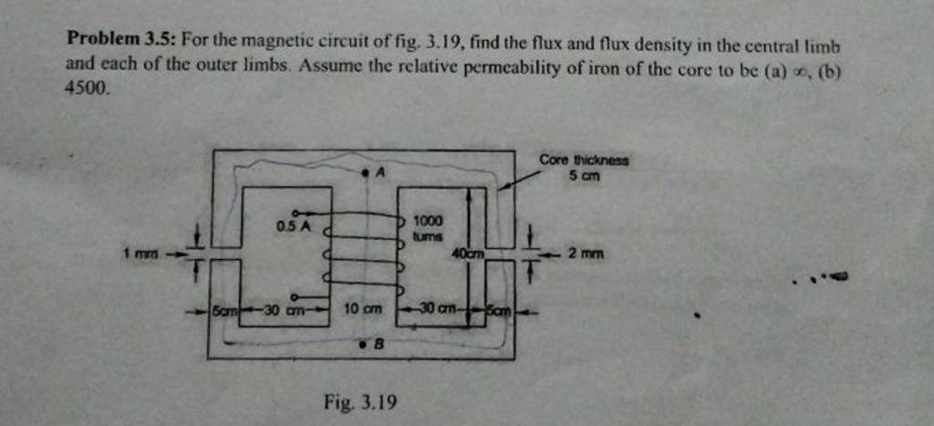 Problem 3.5: For the magnetic circuit of fig. 3.19, find the flux and flu..