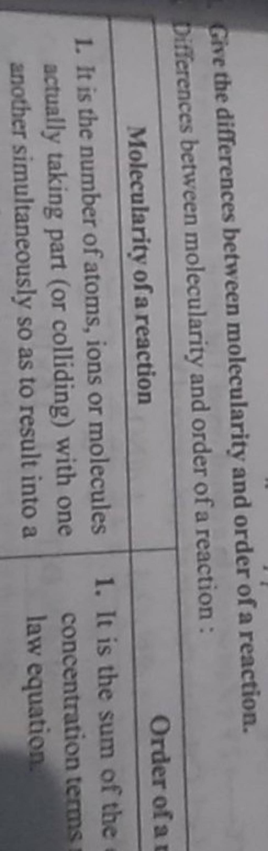 Give the differences between molecularity and order of a reaction. biffer..