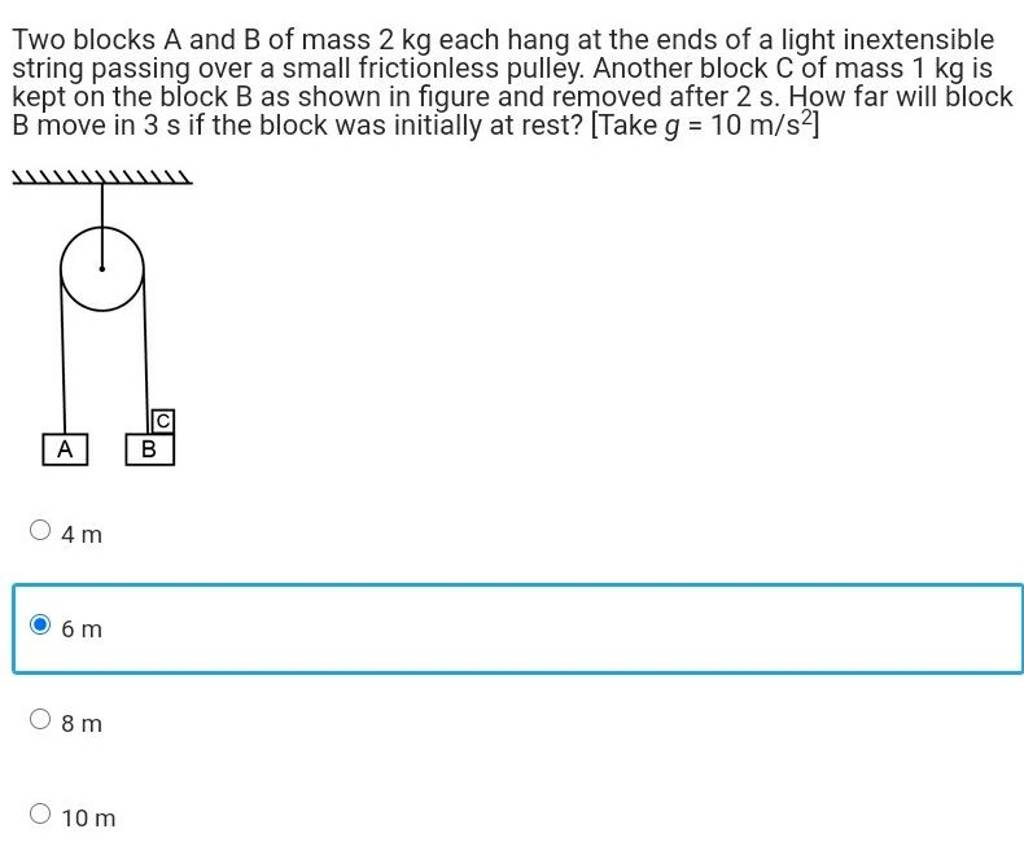 Two blocks A and B of mass 2 kg each hang at the ends of a light inextens..