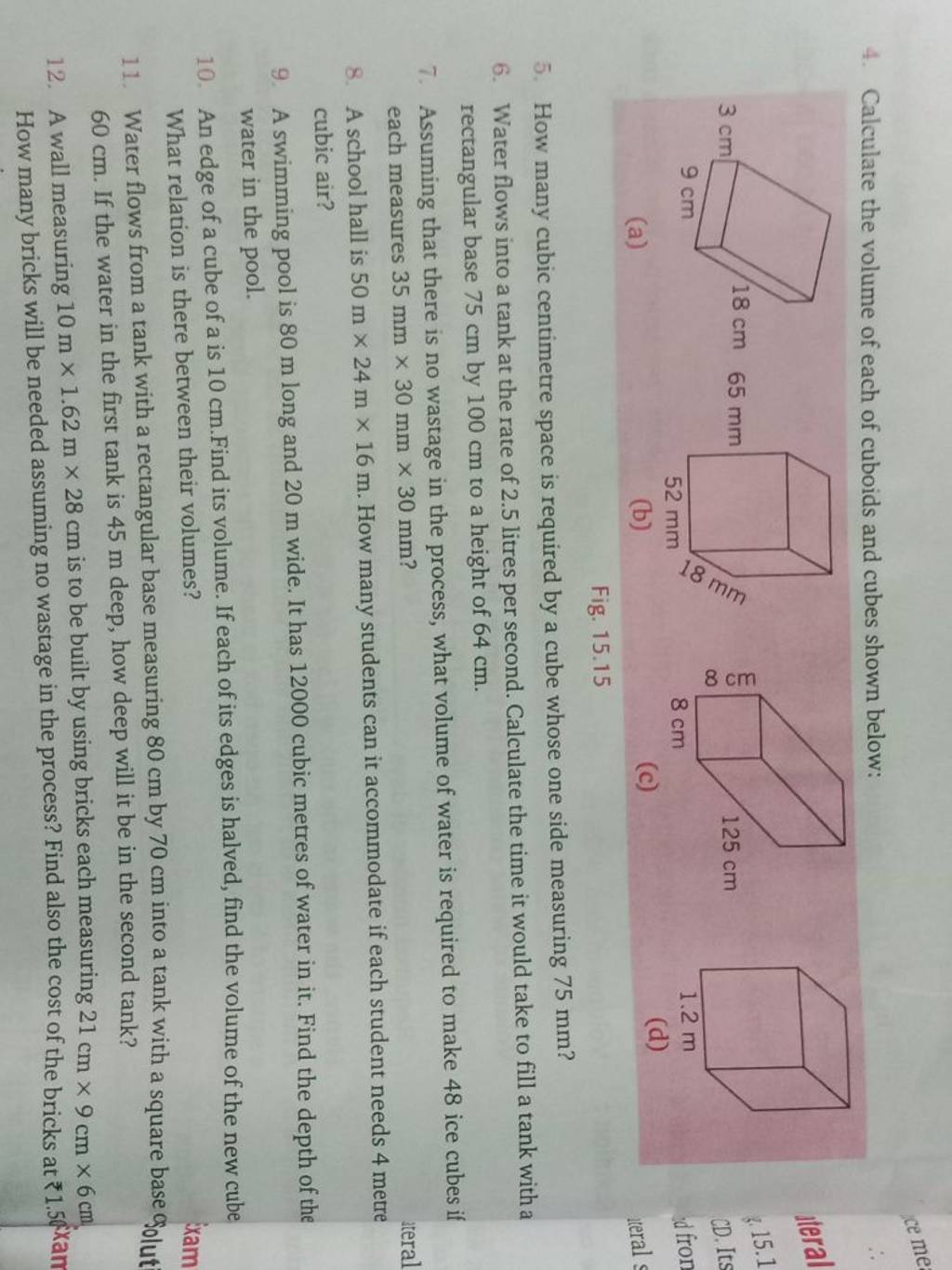 4. Calculate the volume of each of cuboids and cubes shown below: (a) (b)..