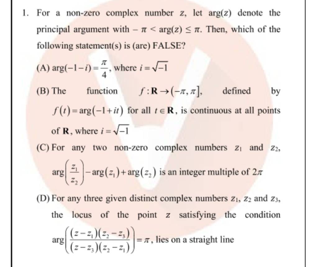 1. For a non-zero complex number z, let arg(z) denote the principal argum..