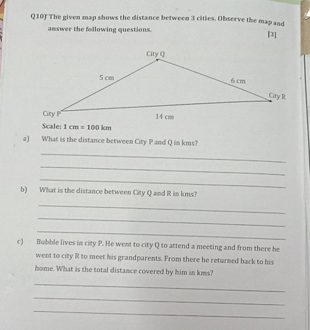 Q10) The given map shows the distance between 3 cities. Observe the map a..
