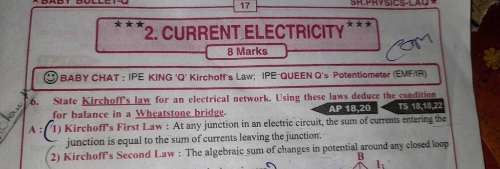 ⋆⋆⋆2. CURRENT ELECTRICITY ⋆⋆⋆ 8 Marks (-) BABY CHAT : IPE KING 'Q' Kircho..