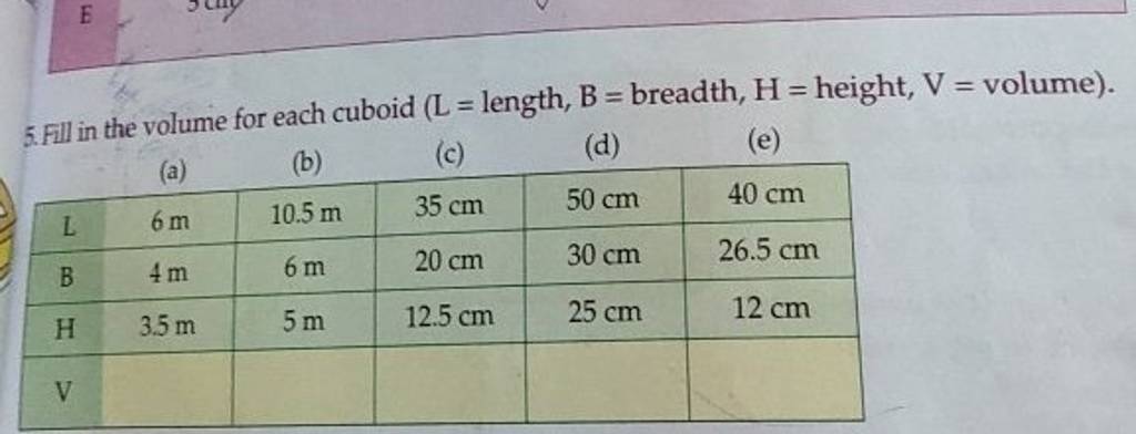 5. Fill in the volume for each cuboid ( L= length, B= breadth, H= height,..